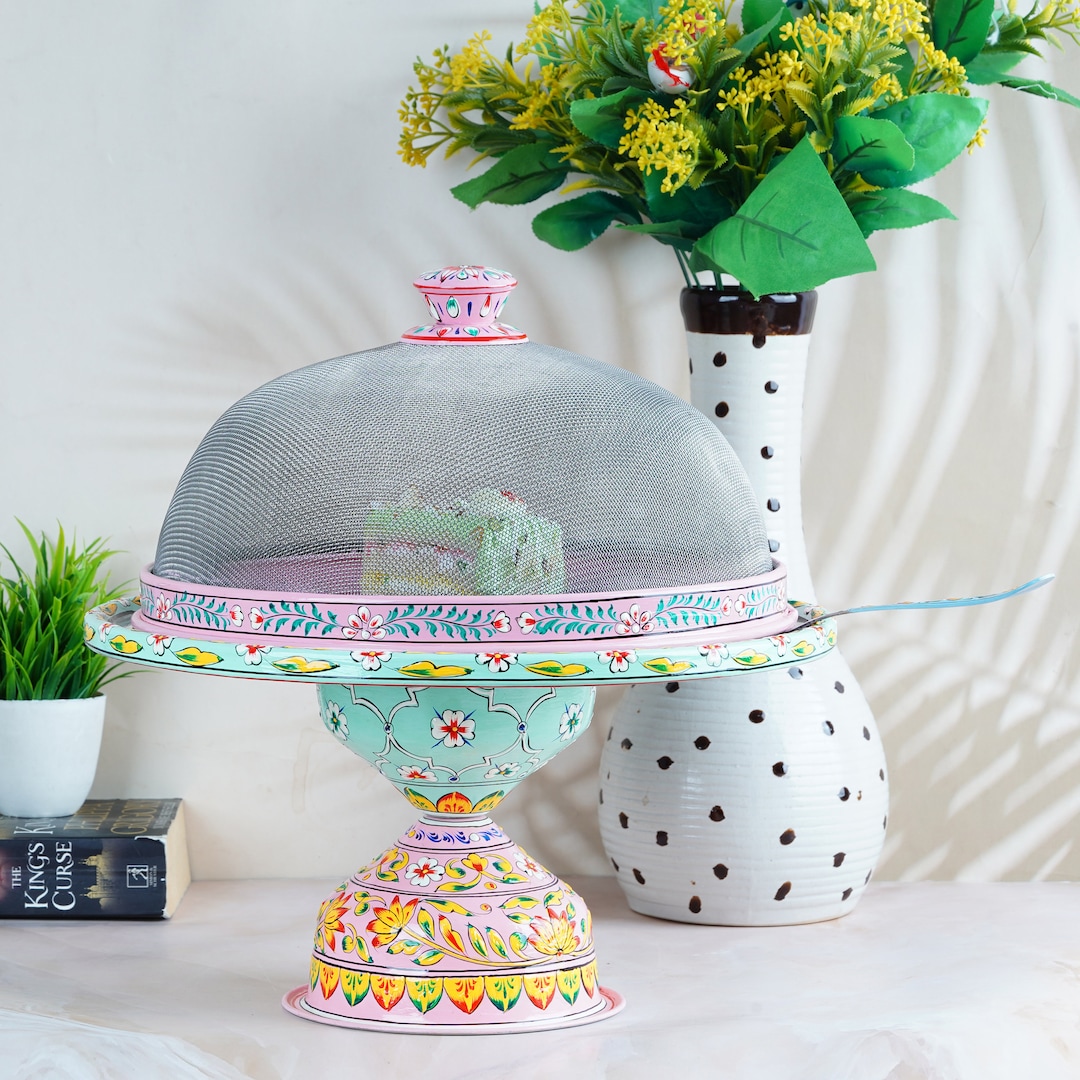 Hand Painted Cake Stand, Dessert Pedestal Stand With Mesh Dome ...