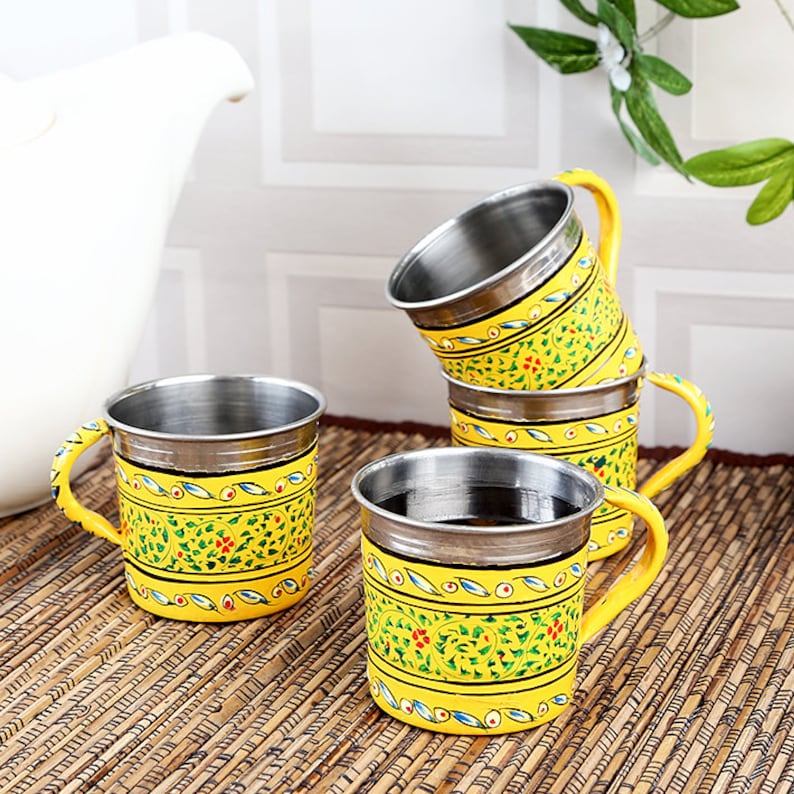 Hand-painted Mughal Art Coffee Mugs - Stainless Steel Tea Cup Set of 4 ...
