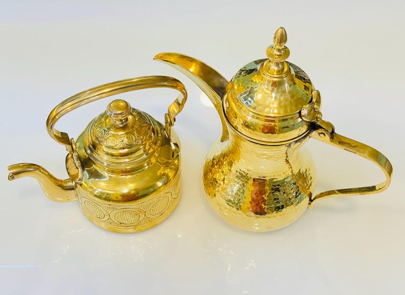 Engraved Brass Tea Kettle and Dallah Set: Arabic Coffee Pot - Etsy