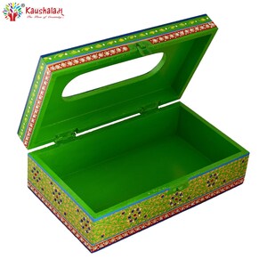 Hand Painted Wooden Tissue Box, Tissue Holder, Green Embossed Mughal ...