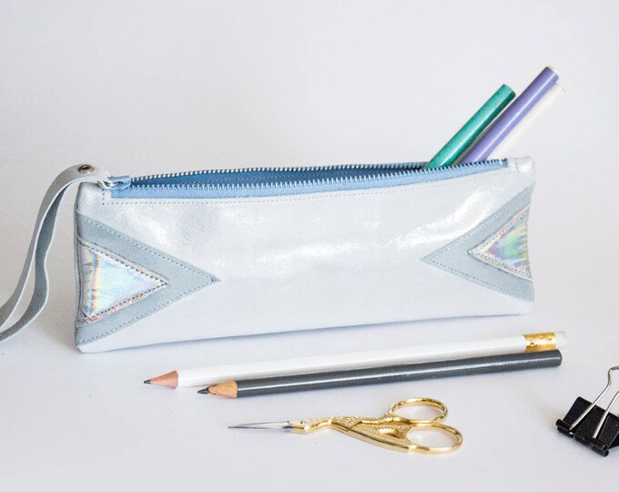 Geometric Pencil Case, White Metallic Pen Pouch, Iridescent Zipper ...