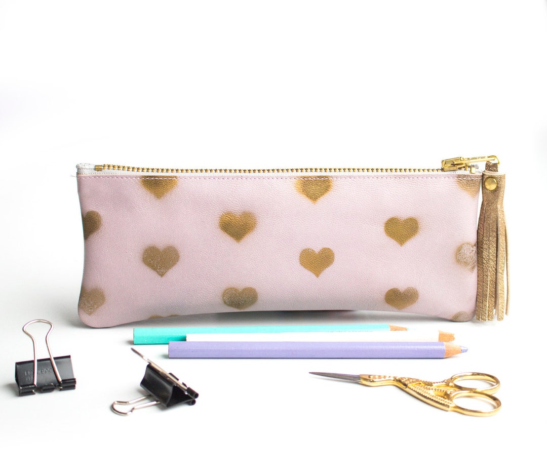 Heart Leather Pencil Case, Heart Pen Pouch, Heart Print Make up Bag ...