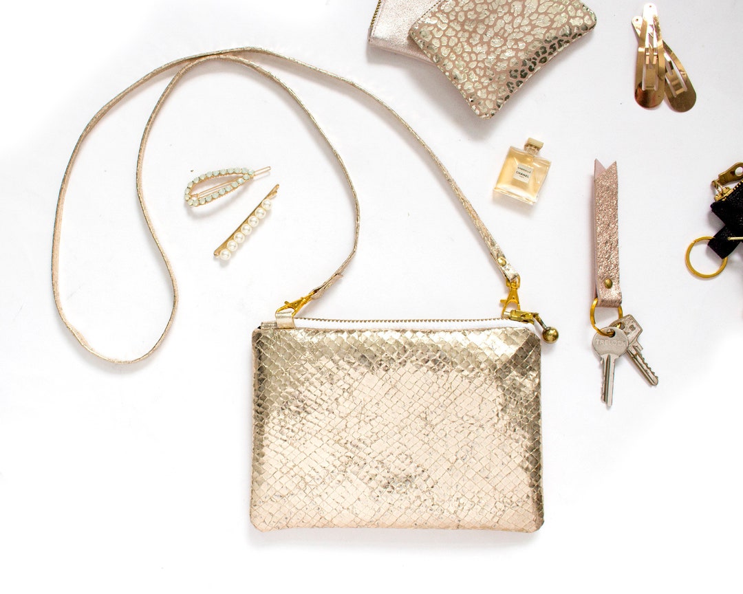 Gold Leather Crossbody Bag, Small Gold Leather Shoulderbag, Textured ...