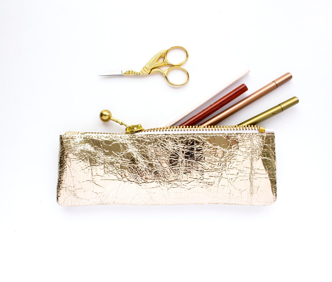 Gold Leather Pencil Case Metallic Gold Pen Pouch Gold - Etsy