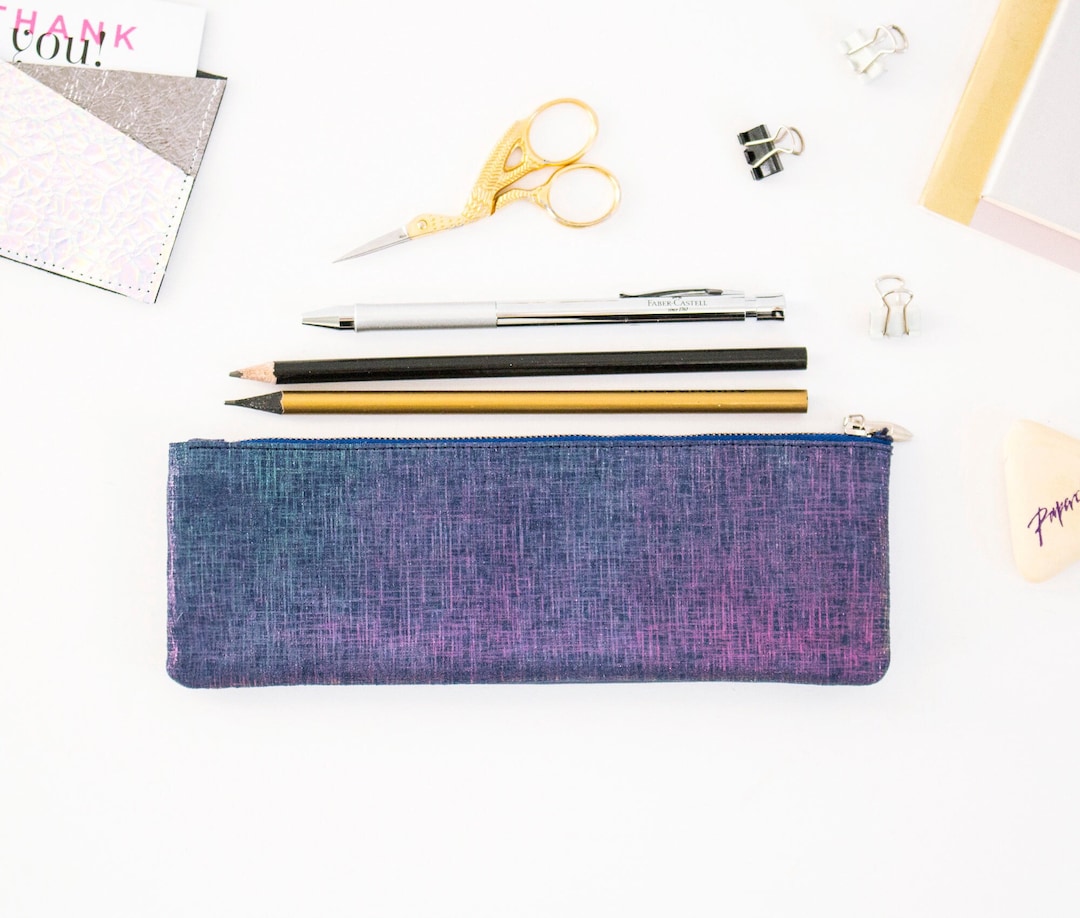 Blue Leather Pencil Case, Metallic Blue Pen Pouch, Leather Cosmetic Bag ...