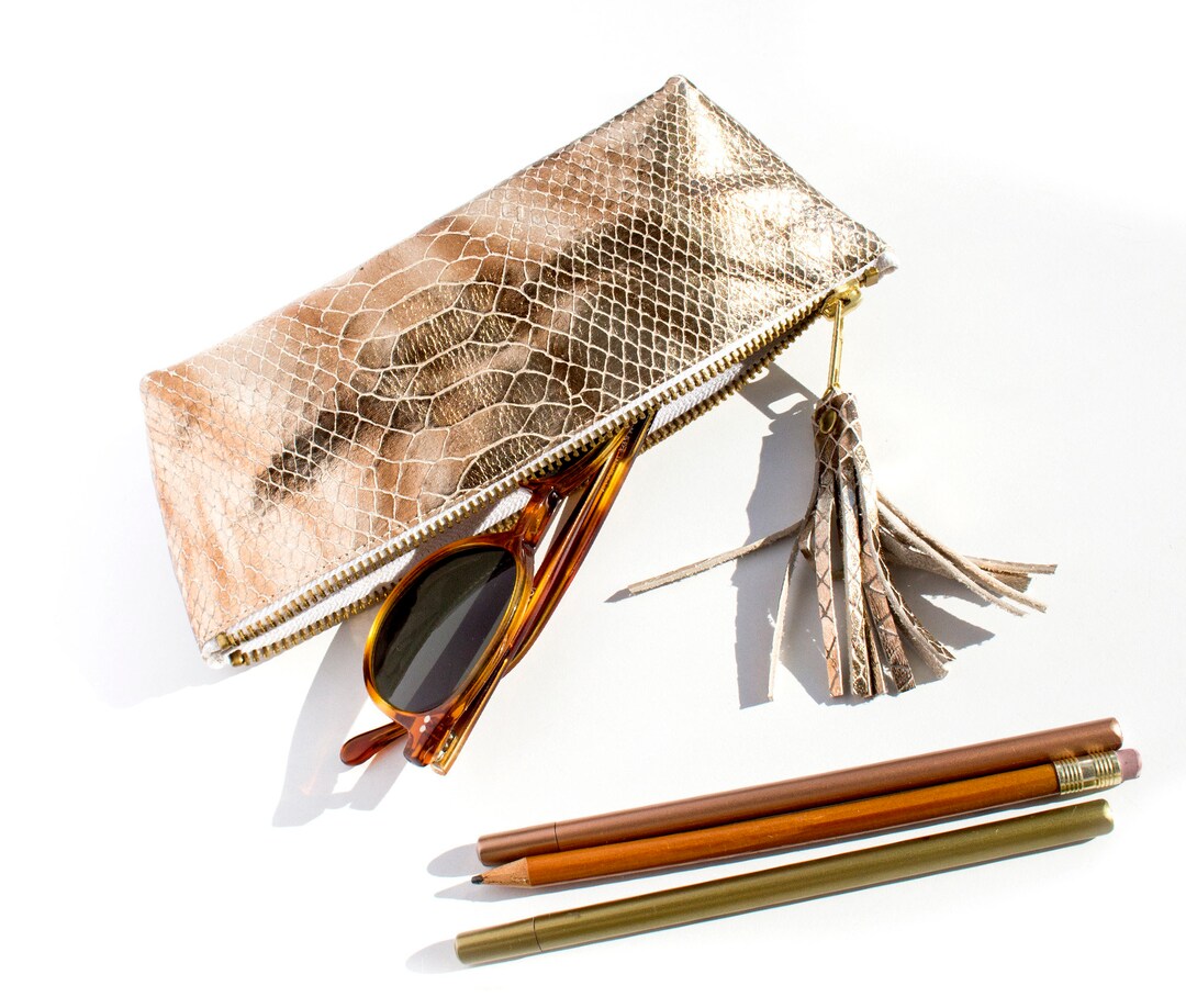 Python Pencil Case, Calf Hair Cosmetic Pouch, Gold Snake Make up Bag ...