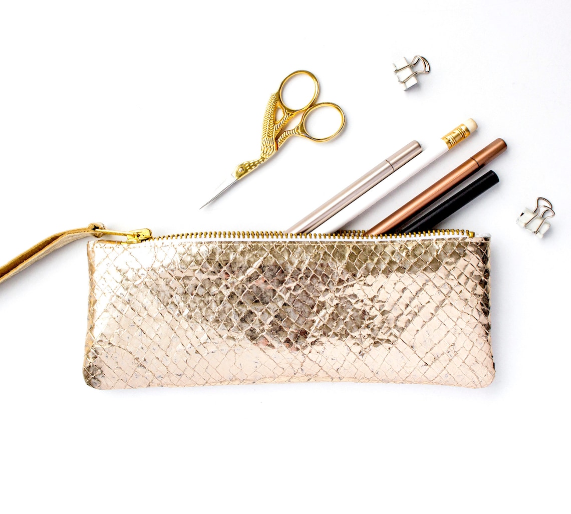 Gold Leather Pencil Case Metallic Gold Pen Pouch Gold - Etsy
