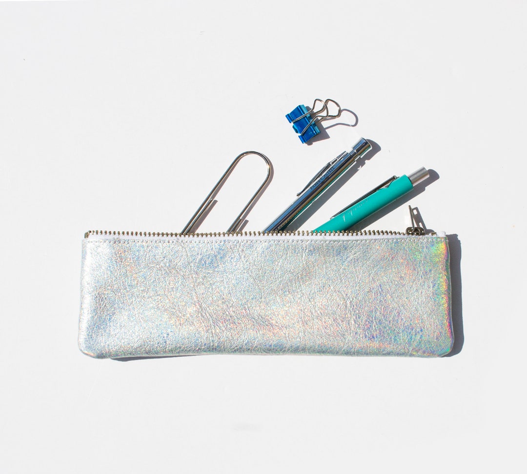 Iridescent Pearl White Pencil Case, Leather Planner Pouch, Slim Leather ...