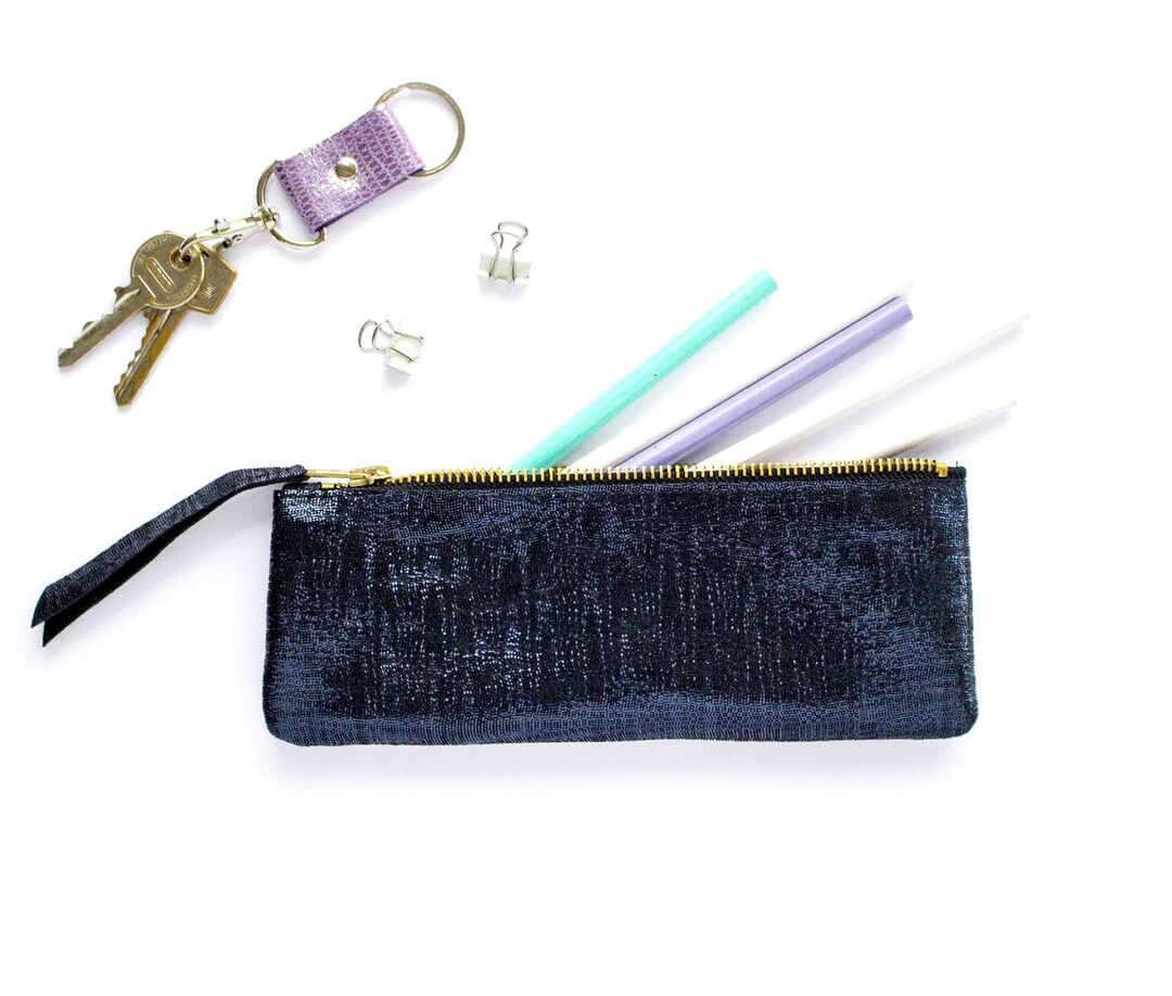 Blue Leather Pencil Case, Midnight Blue Pen Pouch, Tiny Cosmetic Bag ...