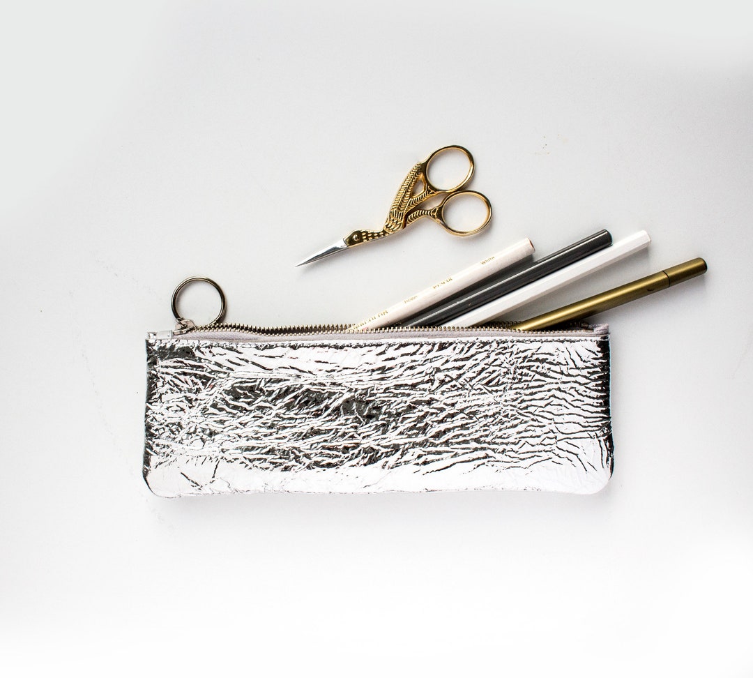 Silver Crinkle Pencil Case, Silver Planner Pouch, Slim Leather Cosmetic ...