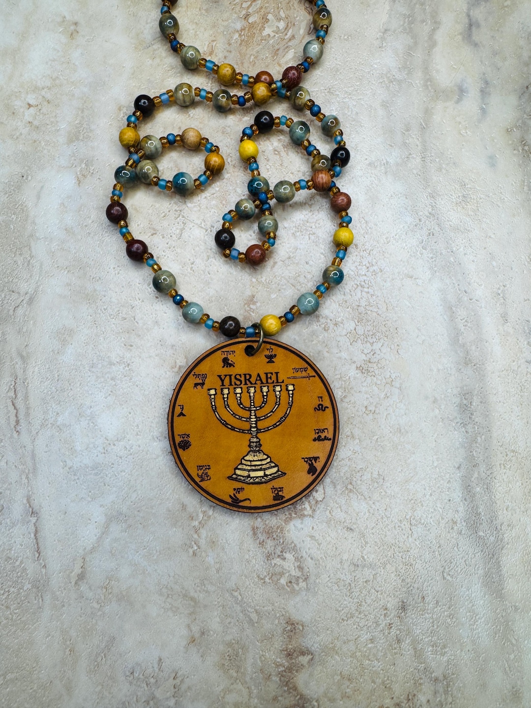 12 Tribes Menorah Leather Medallion Necklace, Wood and Ceramic Bead ...
