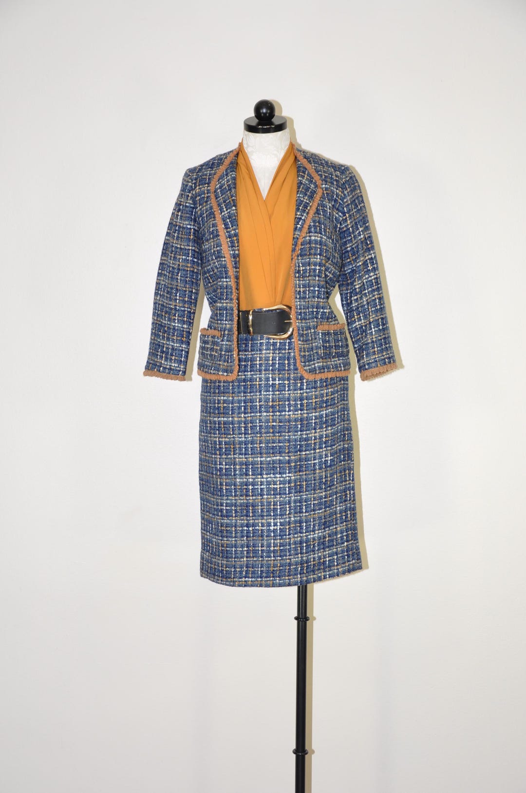 60s Blue Plaid Wool Tweed Suit / Two Piece Boxy Jacket and Pencil Skirt ...