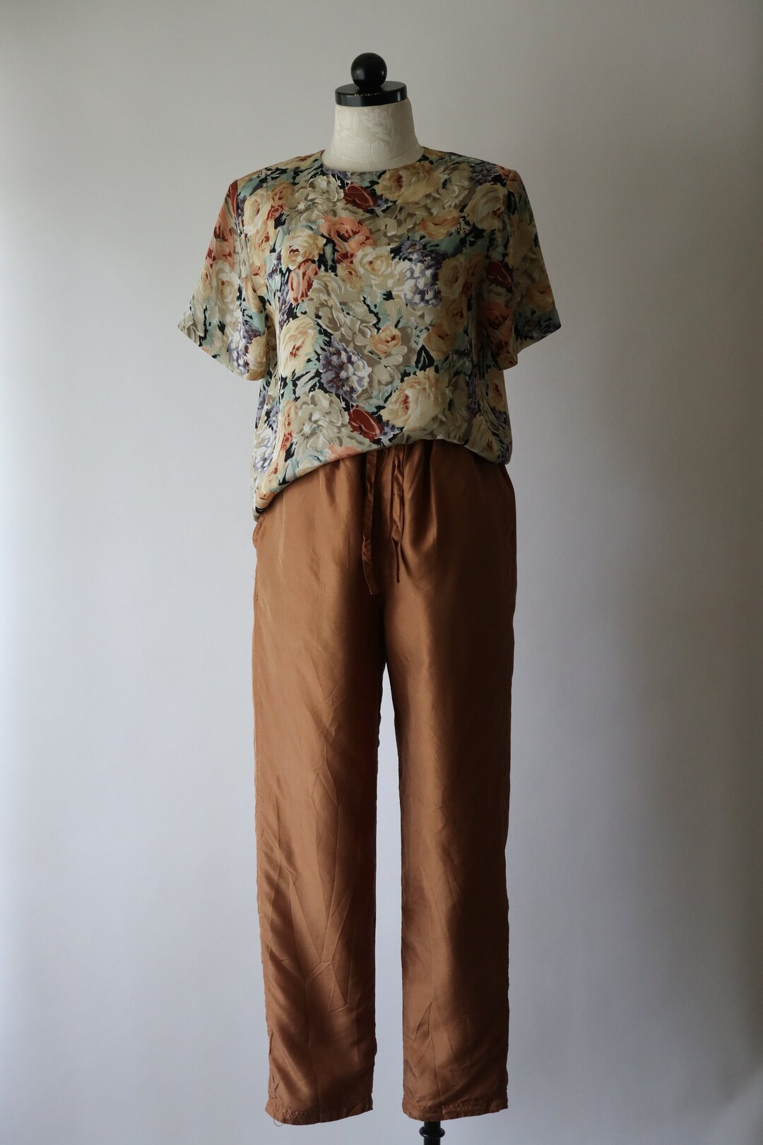 90s Spice Brown Silk Joggers / 1990s Tapered Lounge Pants / Elastic ...