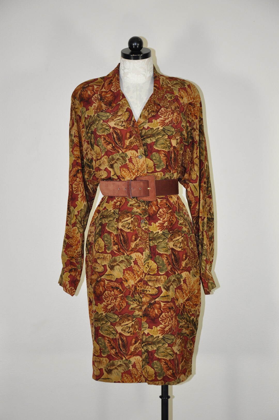 80s Autumn Leaf Print Dress / 1980s Buttoned Silk Shirtdress / Vintage ...
