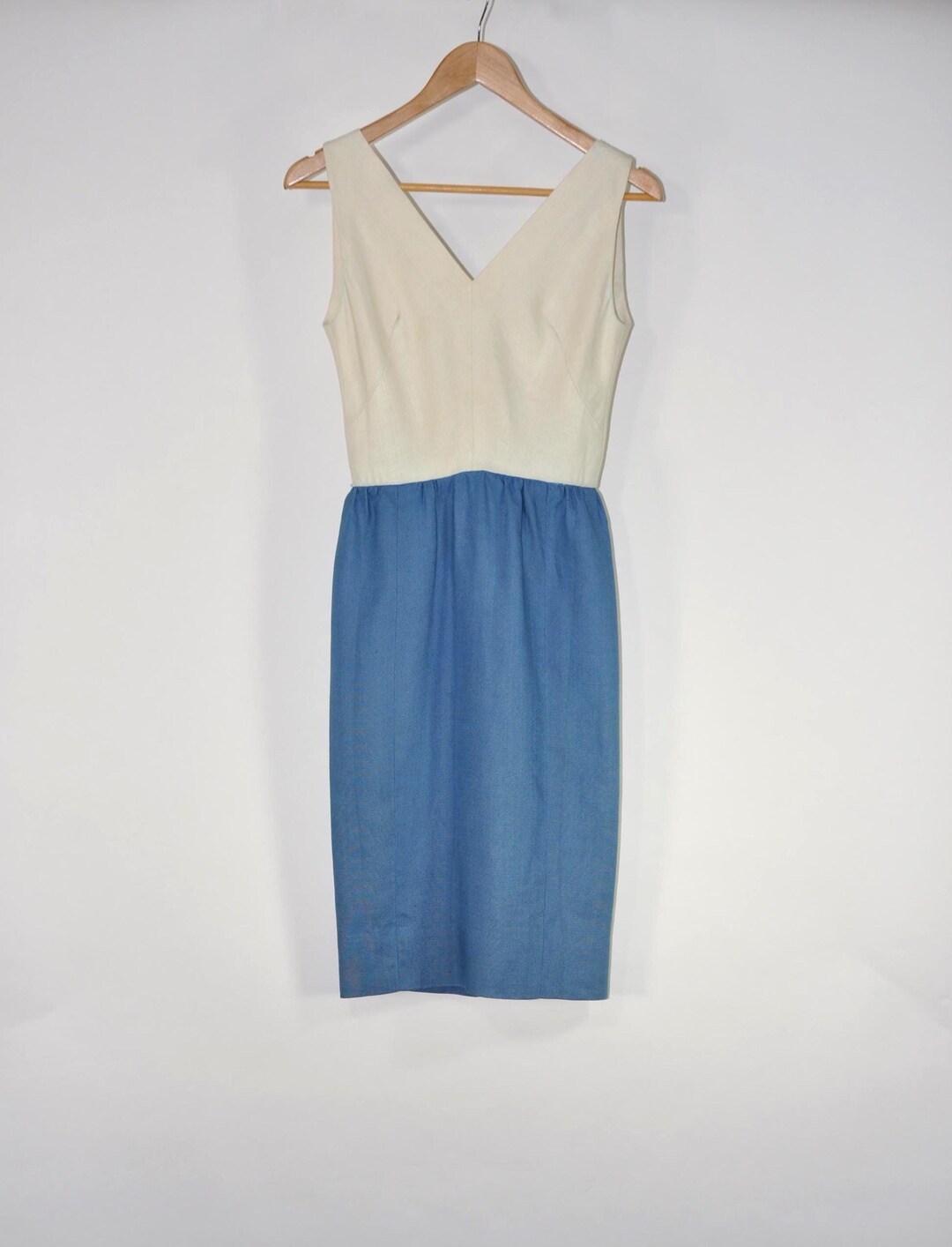 50s Larry Aldrich Colorblock Linen Pencil Dress / Cream and Blue ...