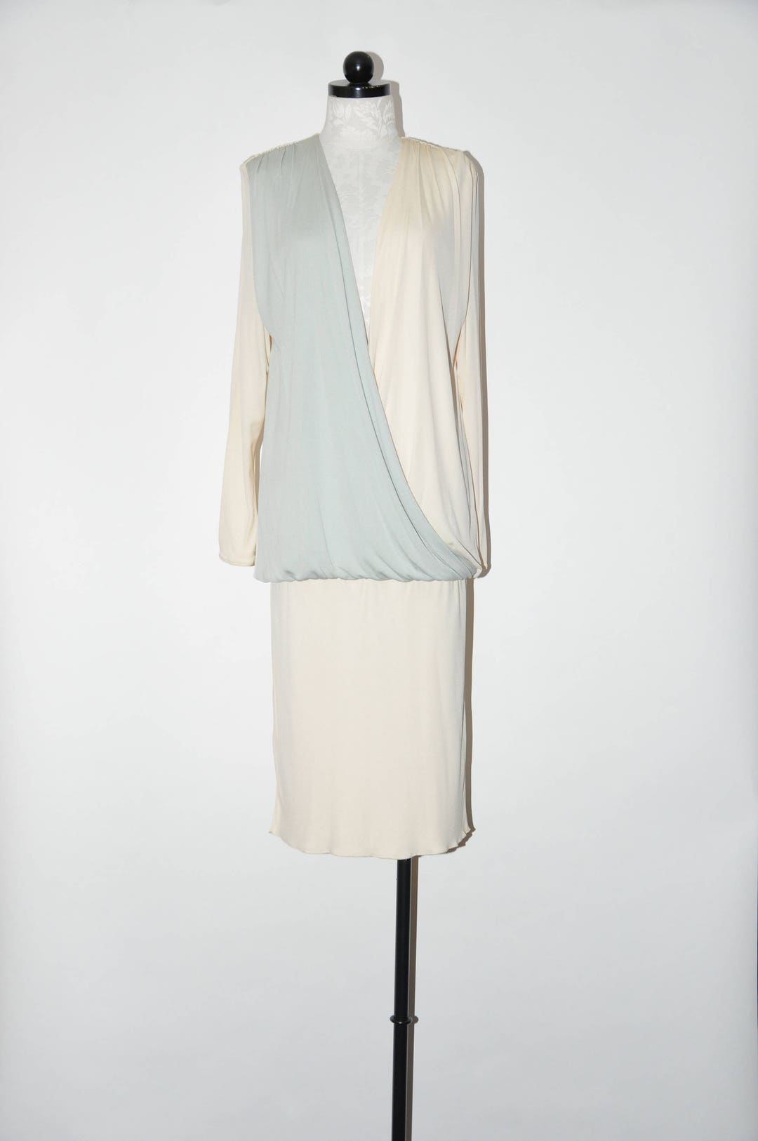 80s Sage and Cream Draped Grecian Toga Dress / 1980s Long Sleeve ...