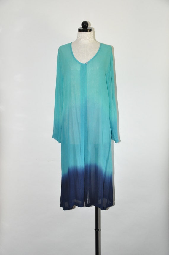90s ocean blue ombre duster / 1990s turquoise maxi ca… - Gem
