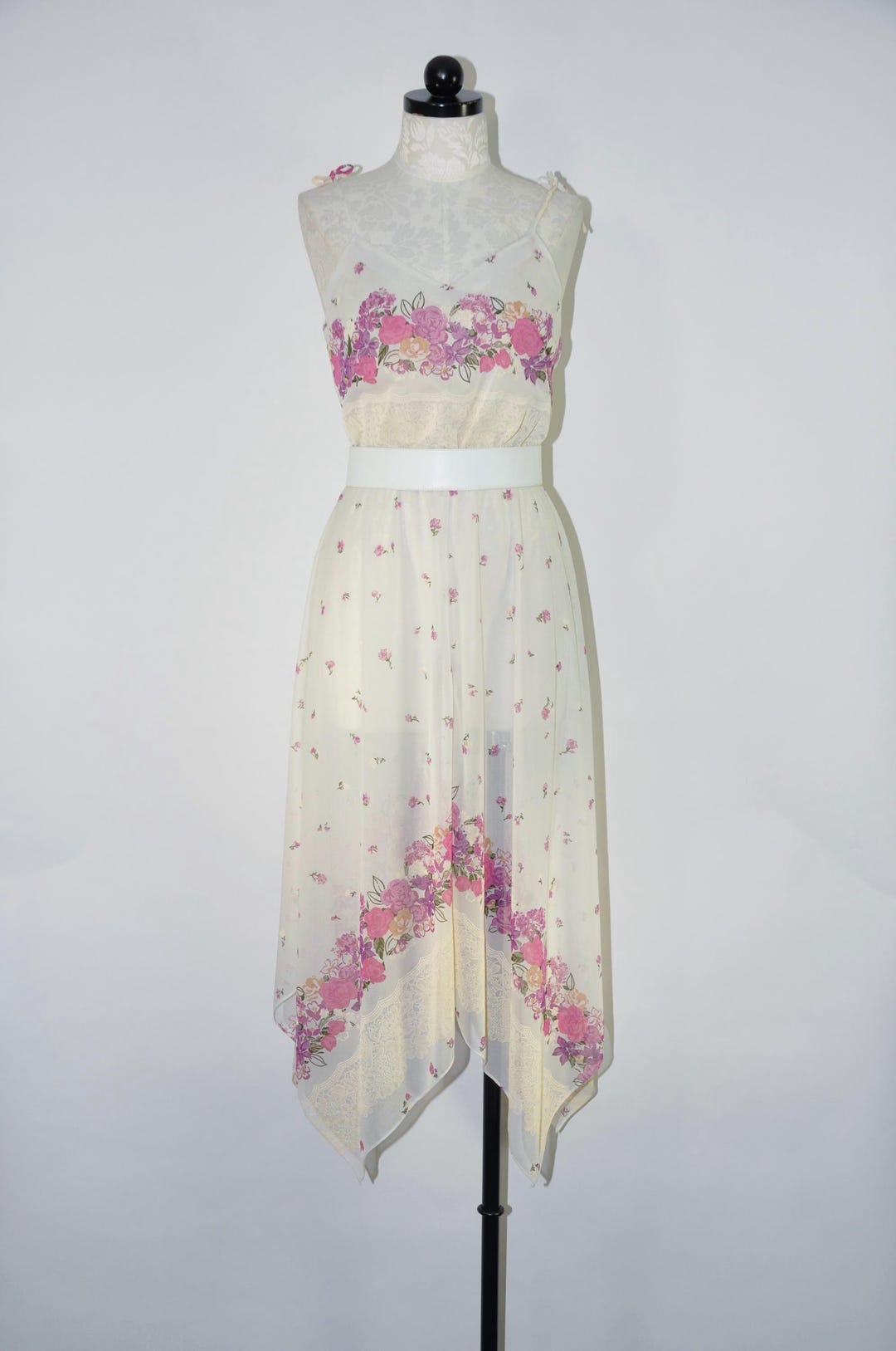 70s White Rose Print Sheer Handkerchief Hem Dress / Vintage 1970s ...
