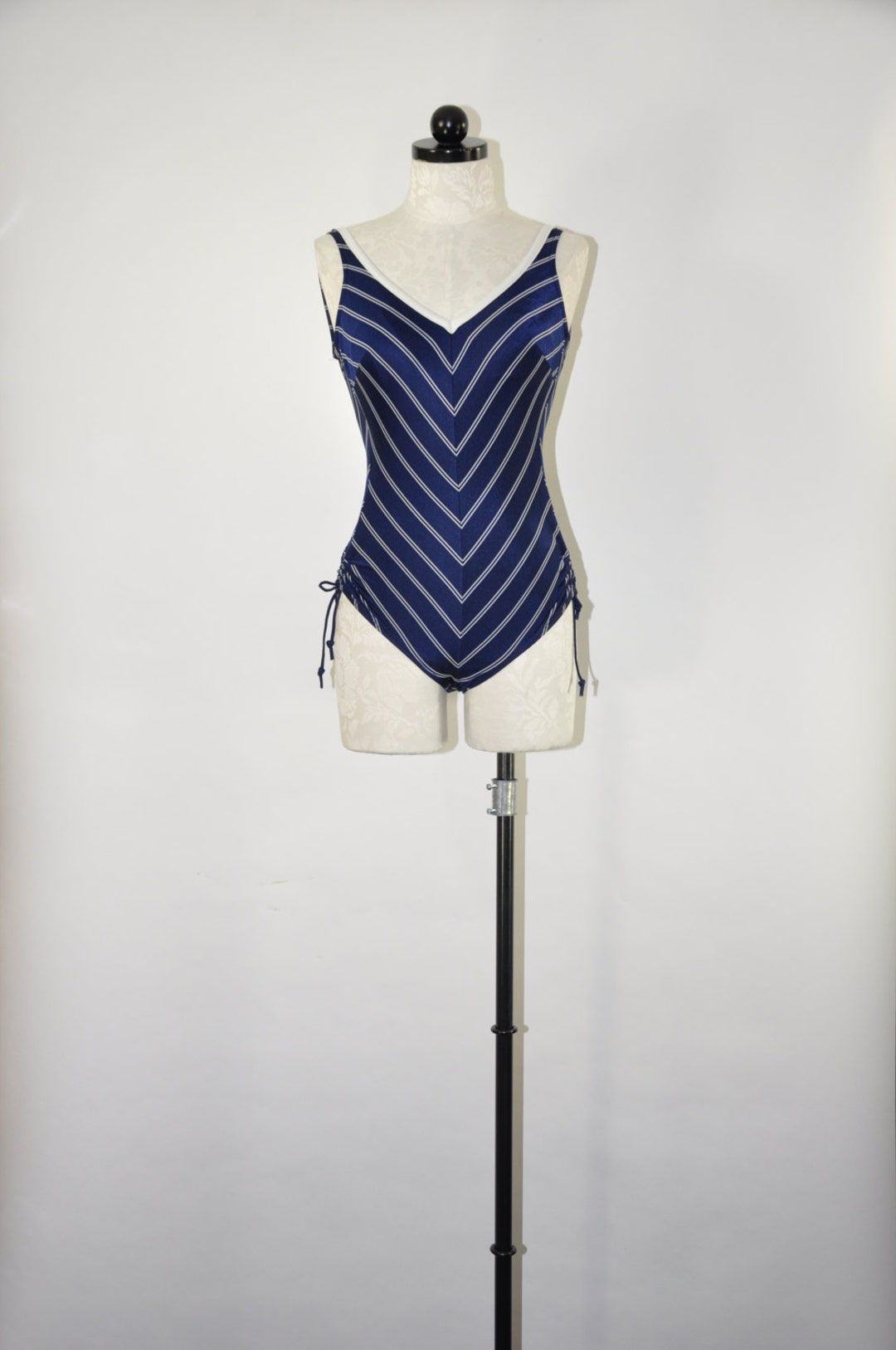 60s Navy Blue Swimsuit / 1960s Chevron Bathing Suit / Nautical One ...