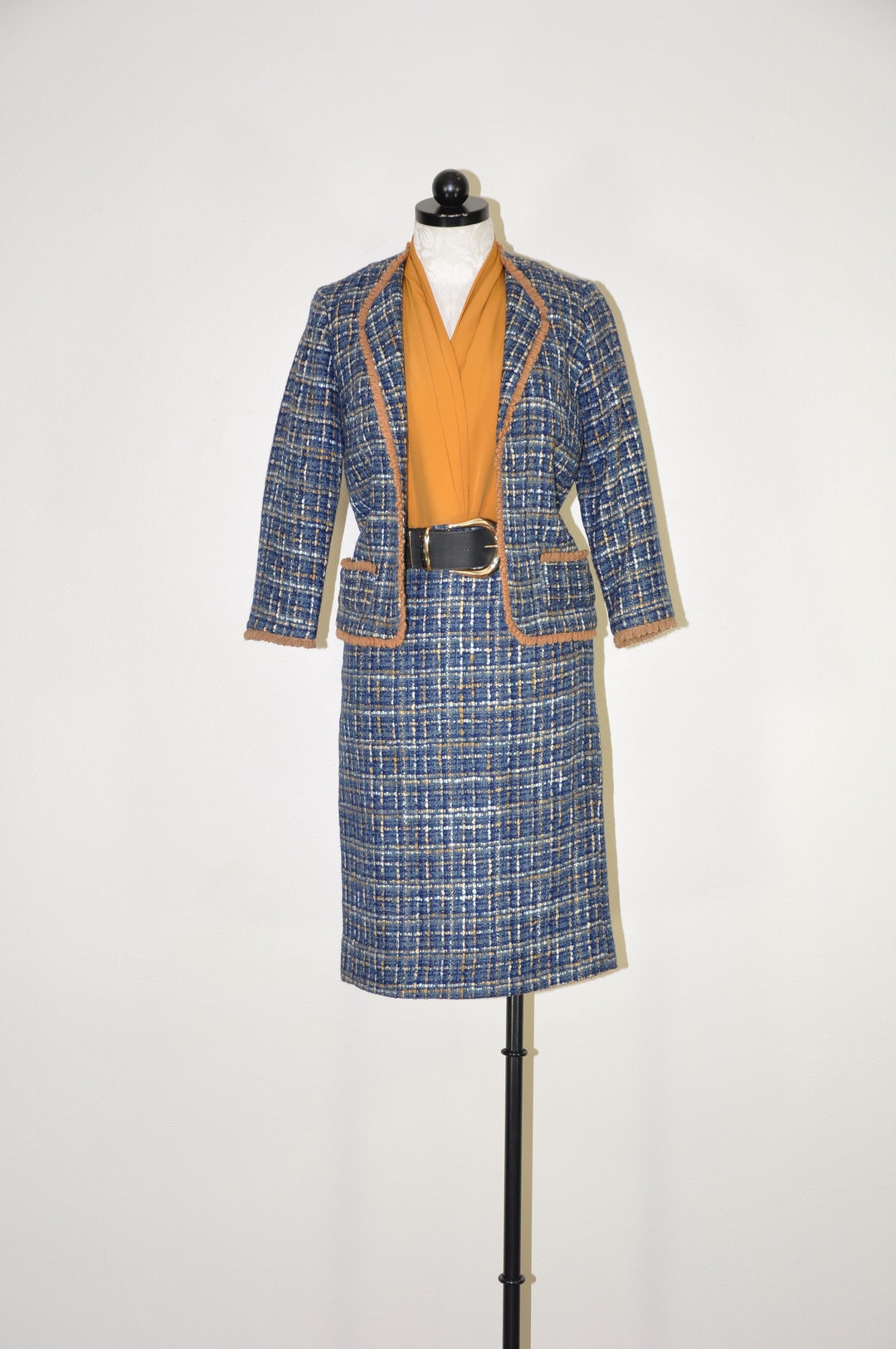 60s Blue Brown Plaid Wool Suit / Wool Tweed Two Piece Skirt Suit / Boxy ...
