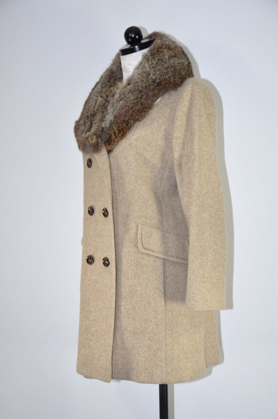 70s wool tweed pea coat / 1970s rabbit fur collar coa… - Gem