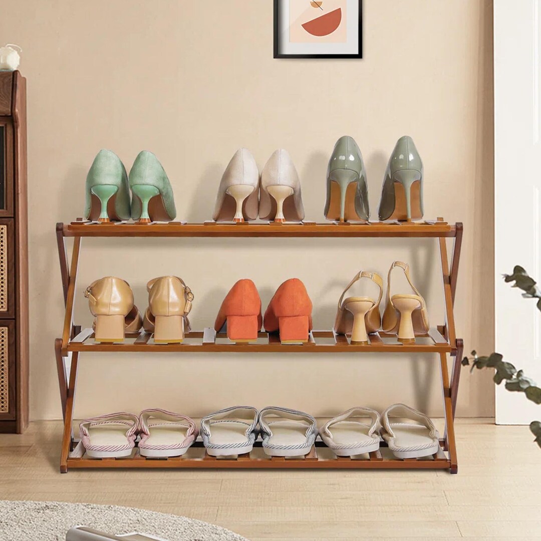 X-shape Shoe Rack, 3 Layers Foldable Bamboo Shoe Rack, Shelf Entryway ...