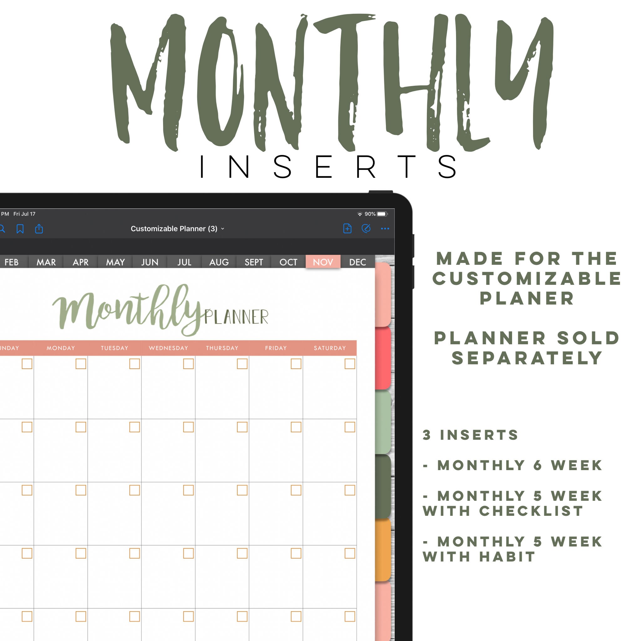 Monthly Planner Digital INSERTS for the Customizable Digital | Etsy