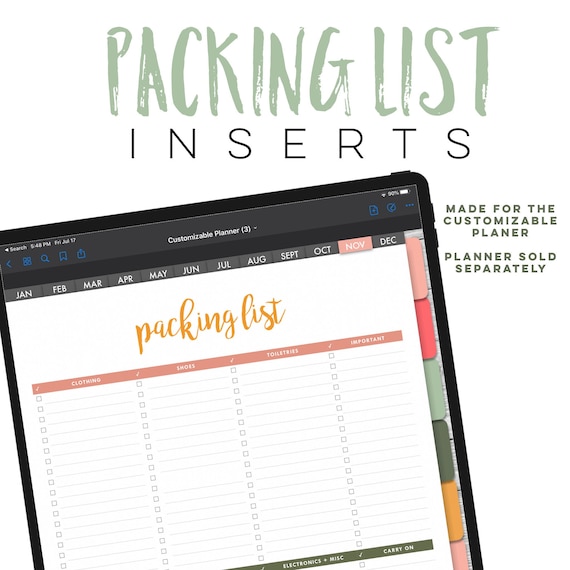 Packing List Planner Digital INSERTS for the Customizable - Etsy