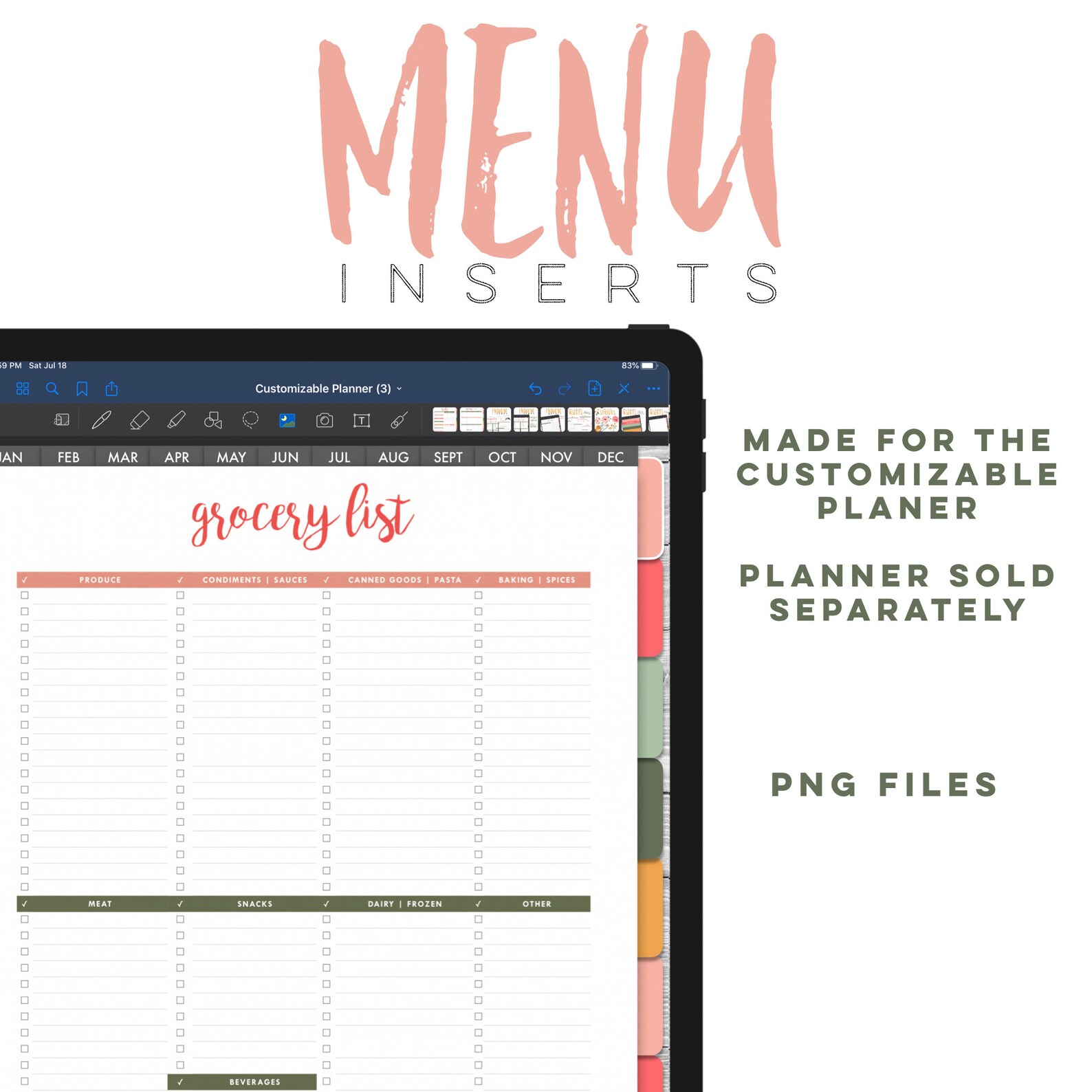 Grocery and Menu Digital INSERTS for the Customizable Digital Planner ...