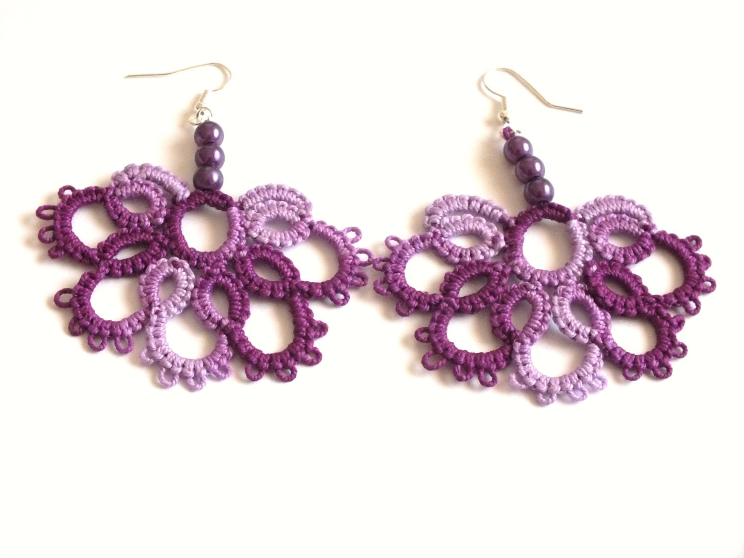 Purple Tatted Earrings With Pearls Half Flower Tatted Purple - Etsy