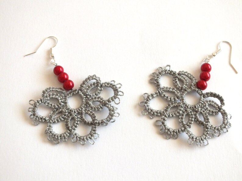 Grey Tatted Earrings With Red Pearls Half Flower Tatted Lace - Etsy