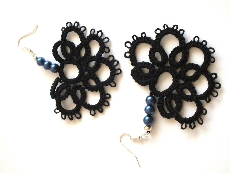 Black Tatted Earrings With Blue Pearls, Half Flower Tatted Lace ...