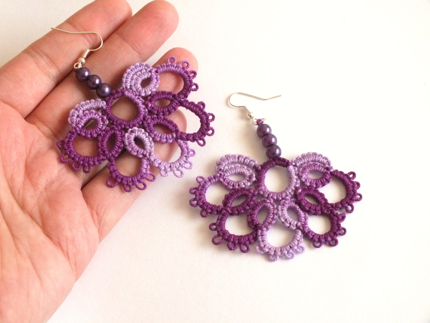 Purple Tatted Earrings With Pearls Half Flower Tatted Purple - Etsy