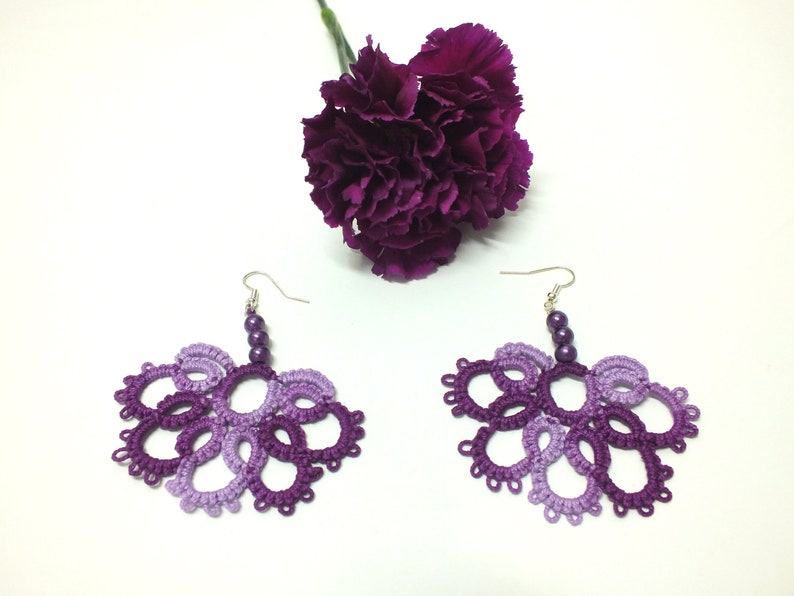 Purple Tatted Earrings With Pearls Half Flower Tatted Purple - Etsy