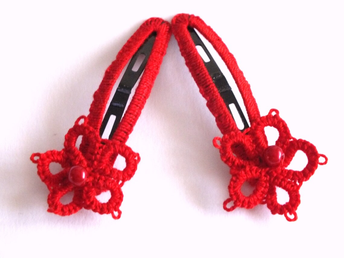 Set of Two Red Flower Tatted Hair Clips, Red Tatting Hair Clips, Set of ...