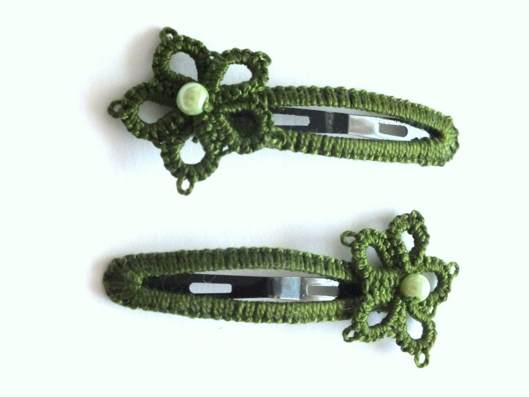 Set of Two Green Flower Tatted Hair Clips, Leaf Green Tatting Hair ...