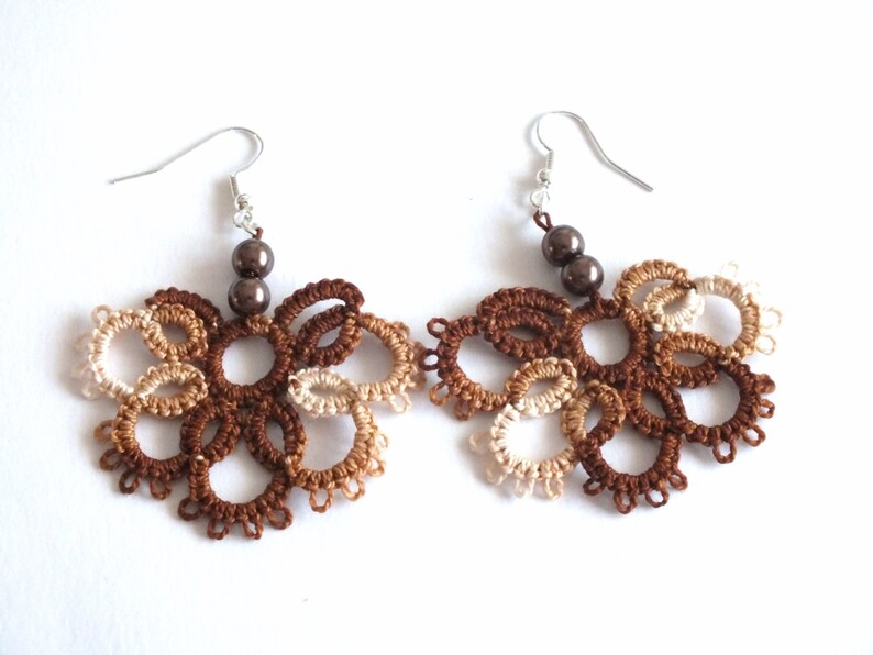 Brown Tatted Earrings With Pearls, Half Flower Tatted Lace Earrings ...