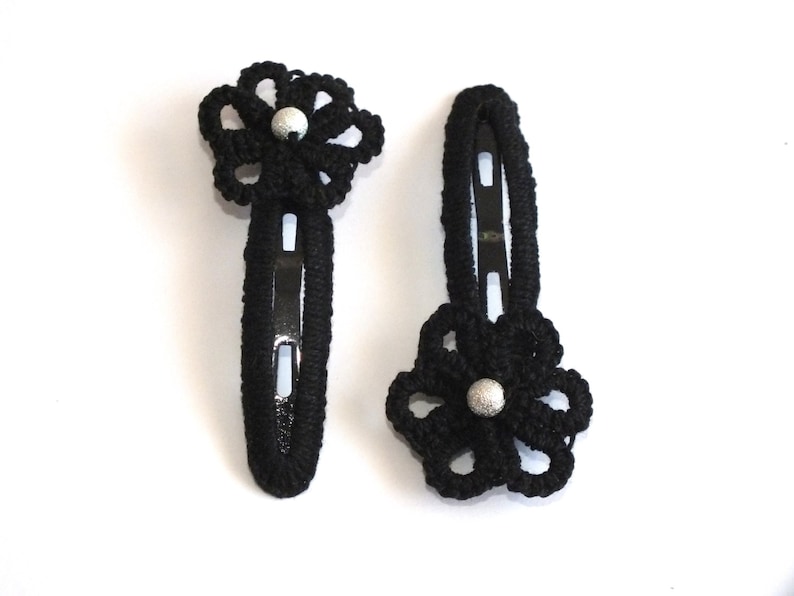 Set of Two Black Tatted Hair Clips, Black Flower Tatting Hair Clips ...