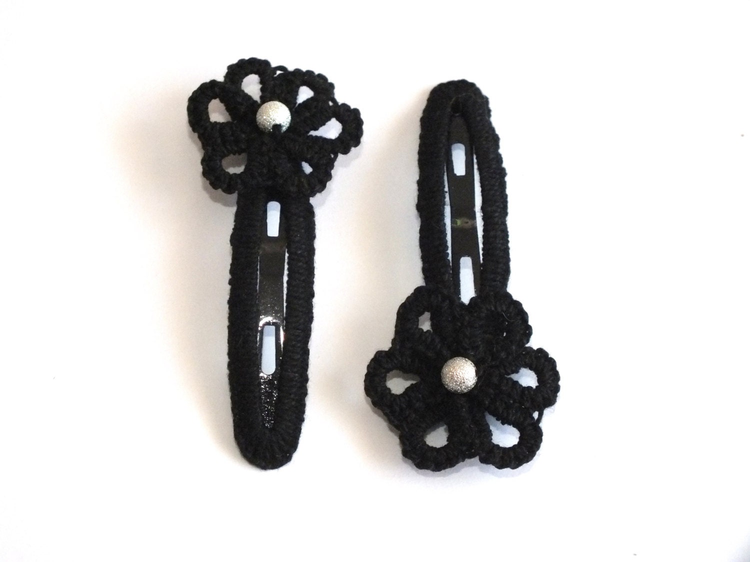 Set of Two Black Tatted Hair Clips, Black Flower Tatting Hair Clips ...