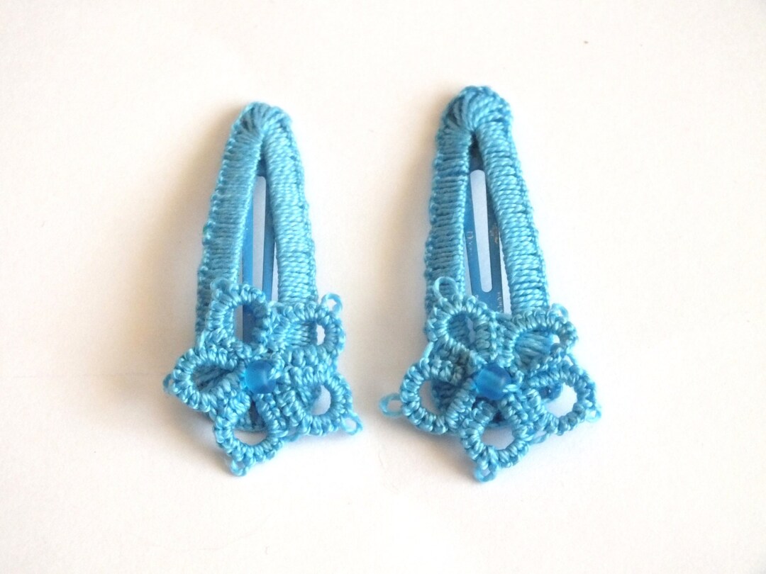 Blue Baby Tatted Hair Clips, Blue Tatting Hair Clips, Blue Flower Lace ...