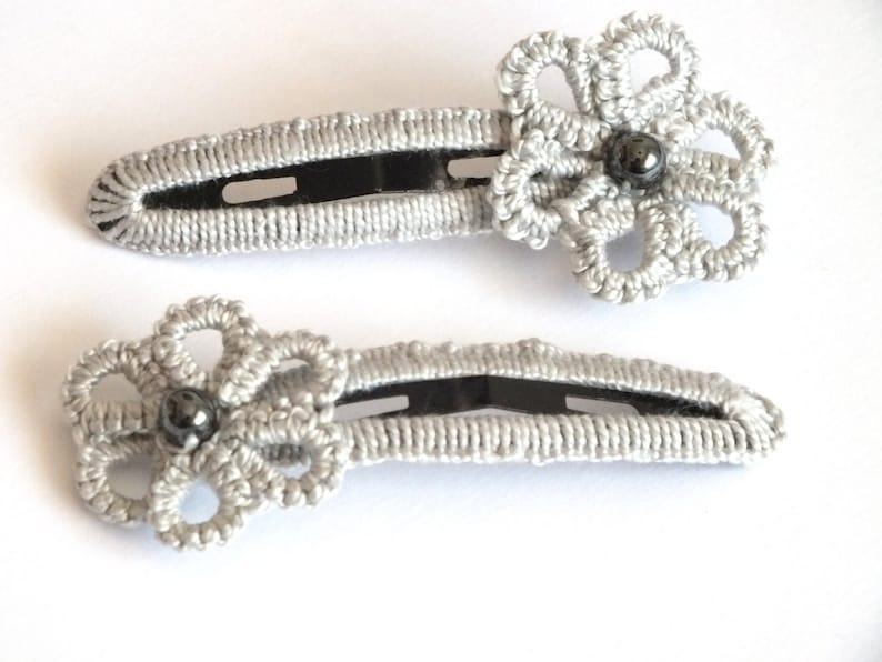 Girl Flower Tatted Hair Clips, Grey Tatting Hair Clips, Set of Two ...