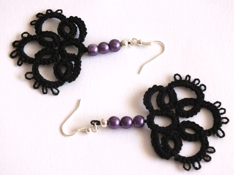 Black Tatted Earrings With Purple Pearls Half Flower Tatted - Etsy