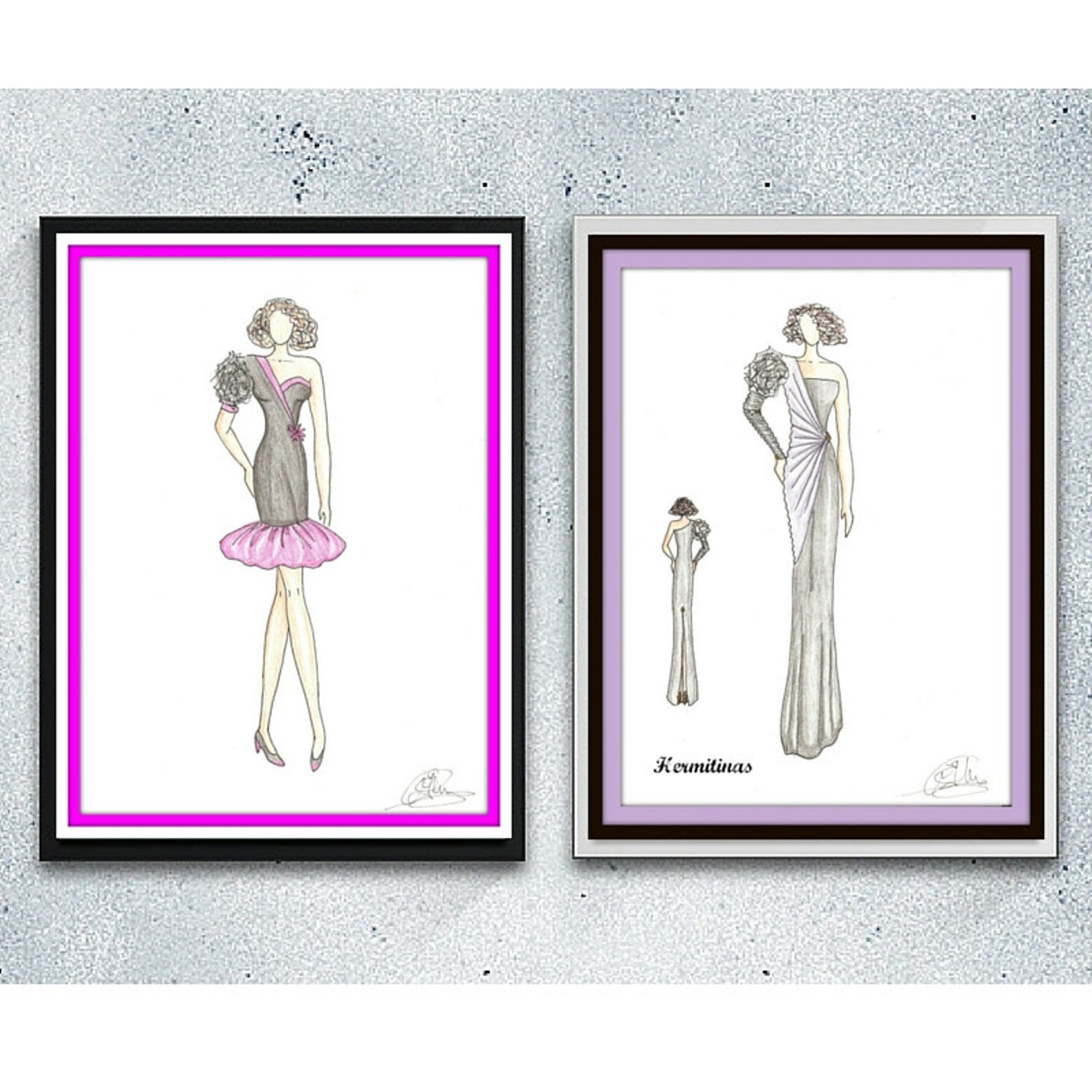 Fashion Illustration, Black-magenta Dress Digital Print, Fashion Art ...