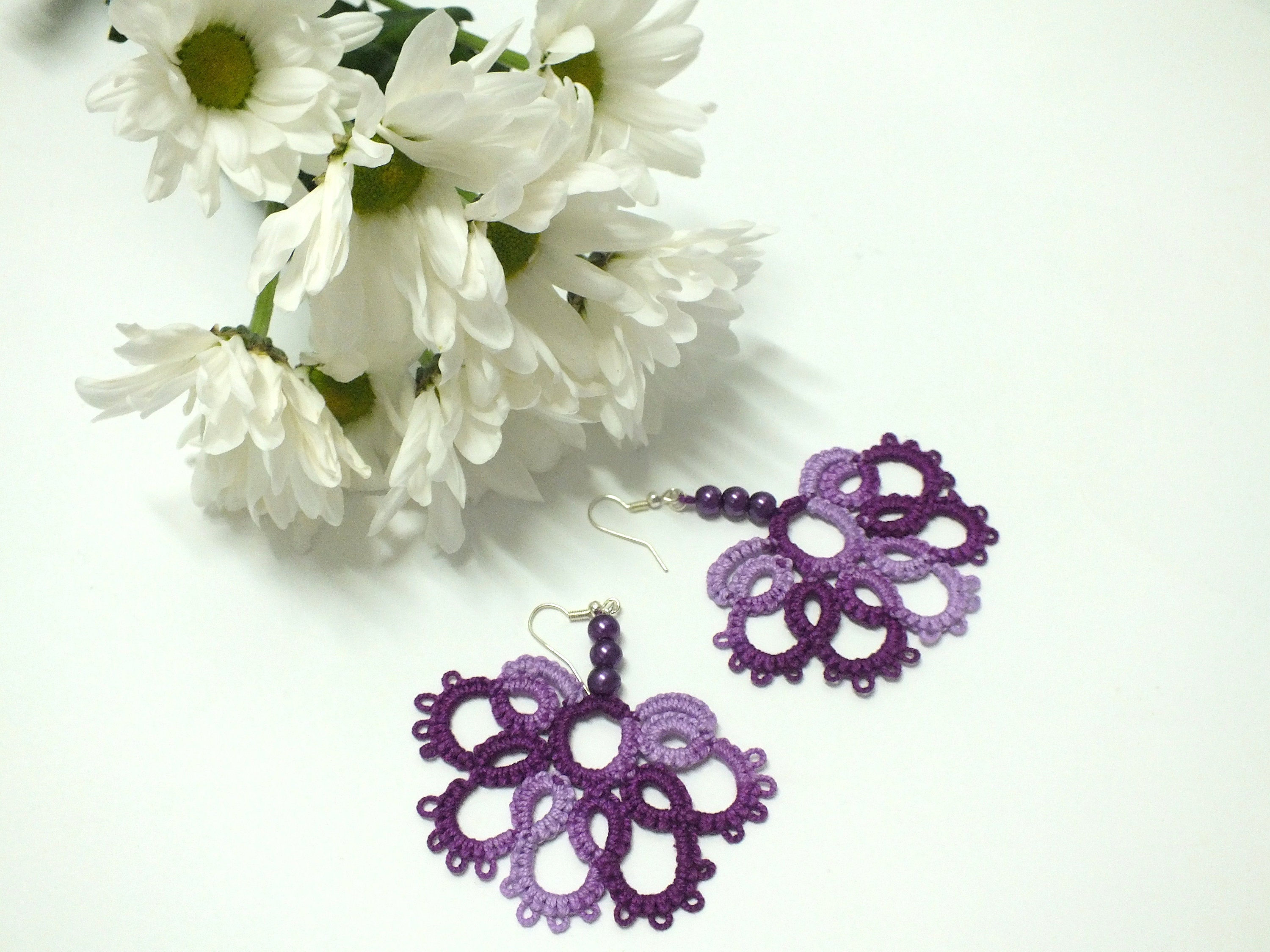 Purple Tatted Earrings With Pearls Half Flower Tatted Purple - Etsy
