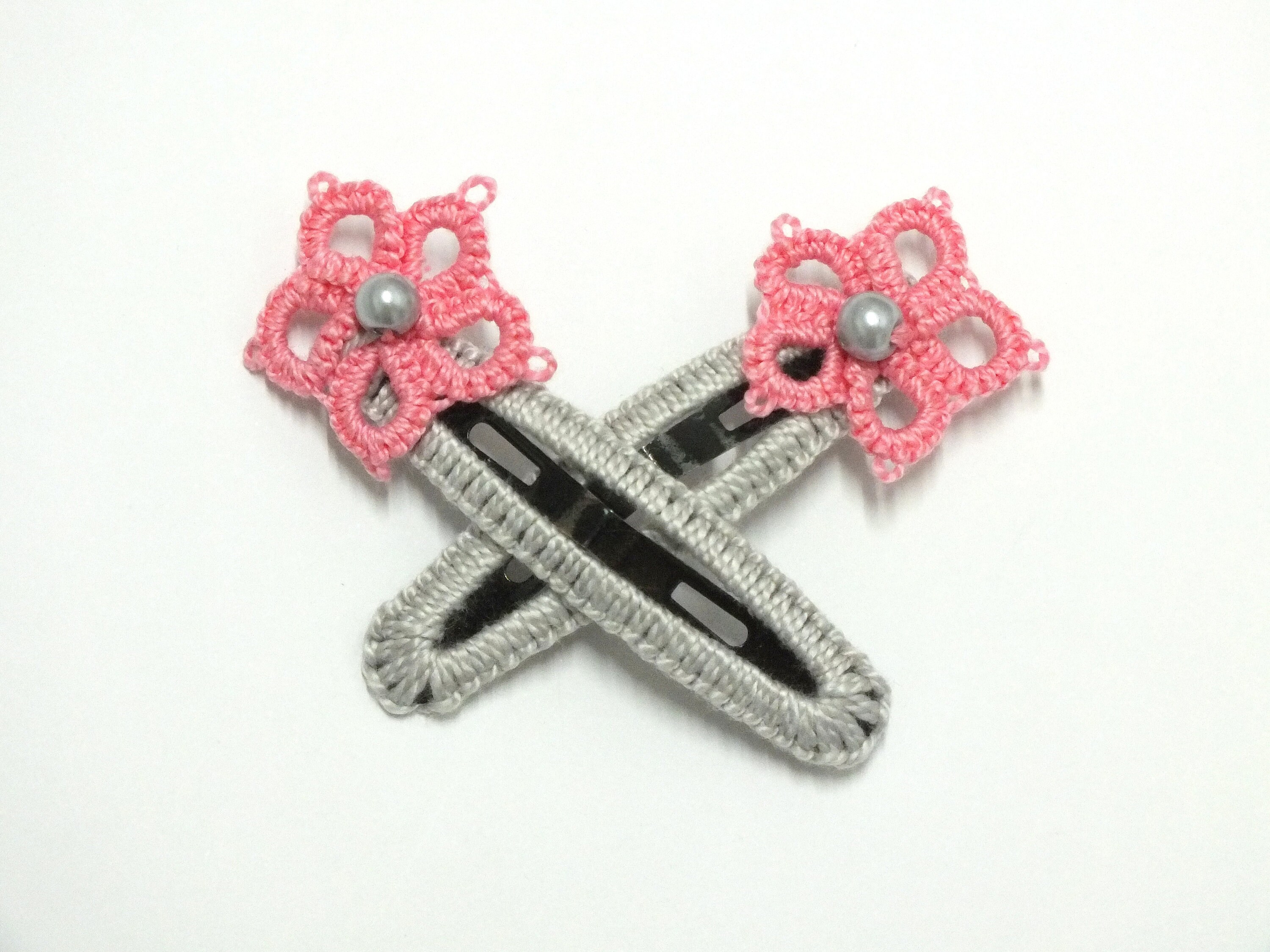 Gray Girl Hair Clips, Flower Lace Hairclips, Grey Pink Tatted Hairclips ...