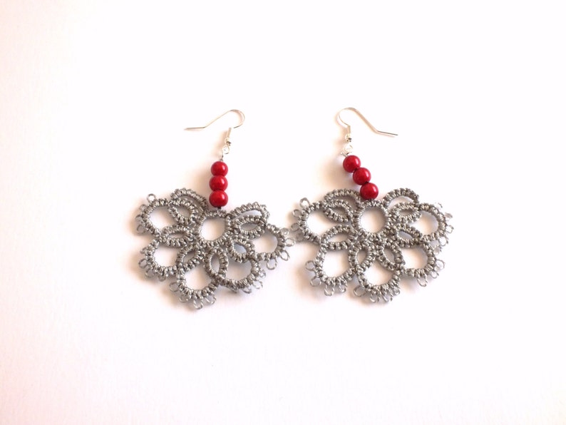 Grey Tatted Earrings With Red Pearls Half Flower Tatted Lace - Etsy