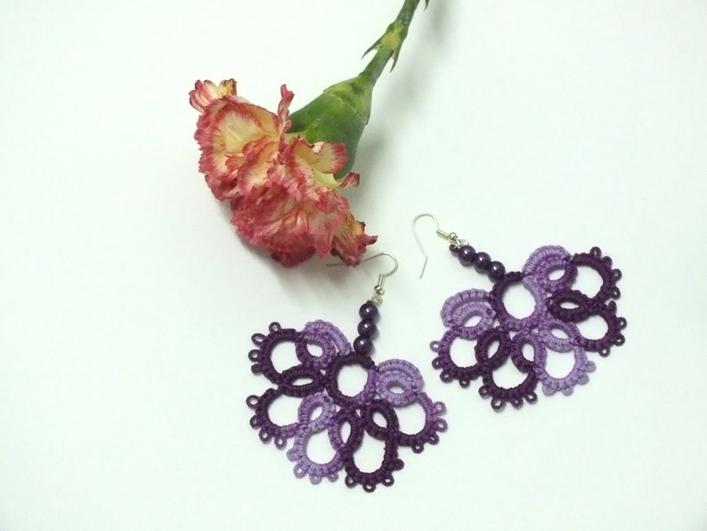 Purple Tatted Earrings With Pearls Half Flower Tatted Purple - Etsy