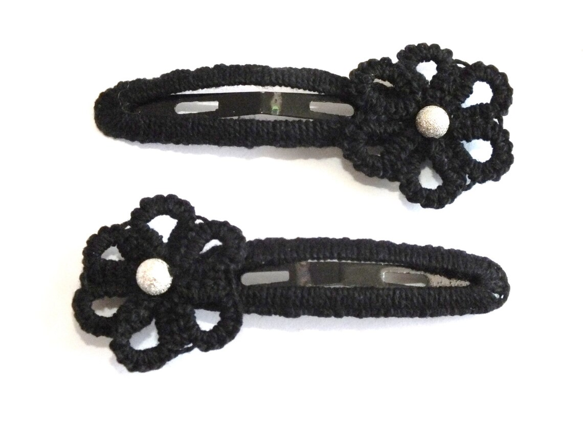 Set of Two Black Tatted Hair Clips, Black Flower Tatting Hair Clips ...