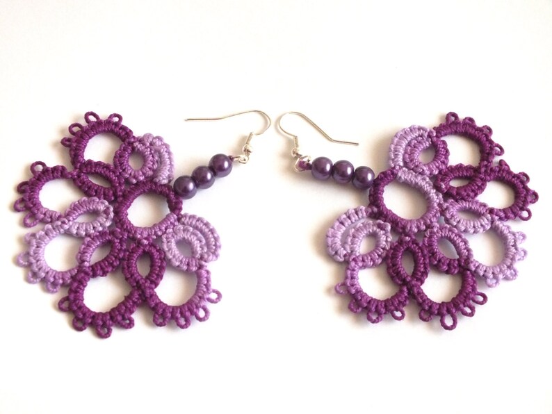 Purple Tatted Earrings With Pearls Half Flower Tatted Purple - Etsy