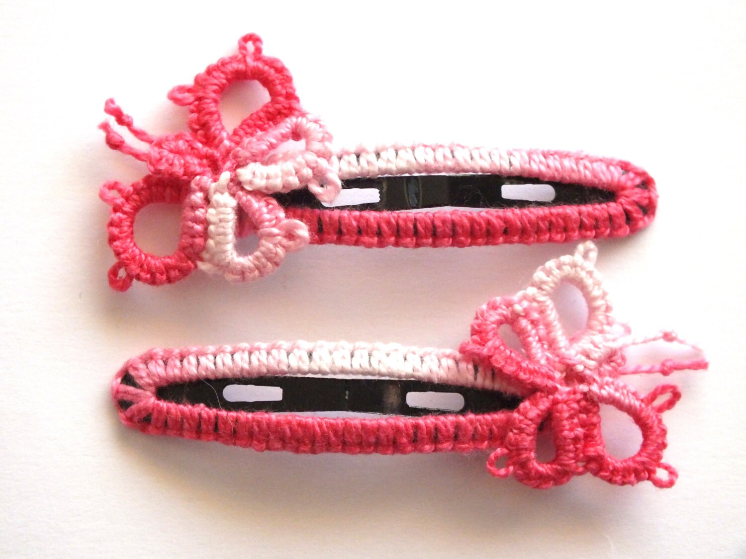 Set of Two Butterflies Tatted Girl Hair Clips, Pink Tatting Butterflies ...